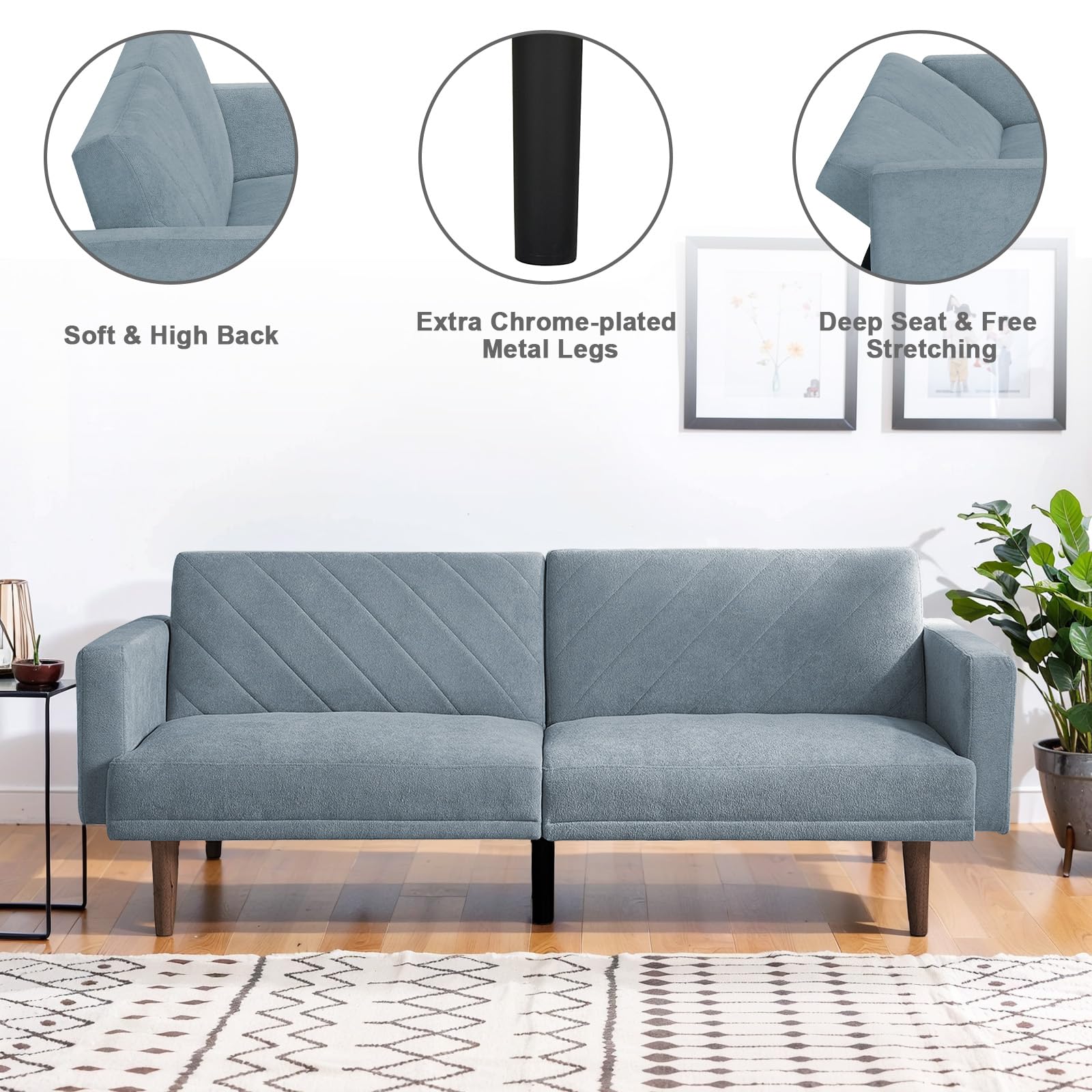 Artfurniz Folding Futon Sofa Bed: Reclining Sleeper Loveseat Convertible Modern Faux Leather Couch for Living Room Bedroom Apartment Solid Wood Leg, Light Blue