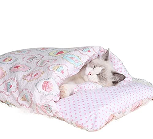 BECTAN cat Sofa Cat Bed Winter Removable Warm Cat Sleeping Bag Deep Sleep Pet Dog Bed House Cats Nest Cushion with Pillow Cat Supplies (Color : Pink ice Cream, Size : L)