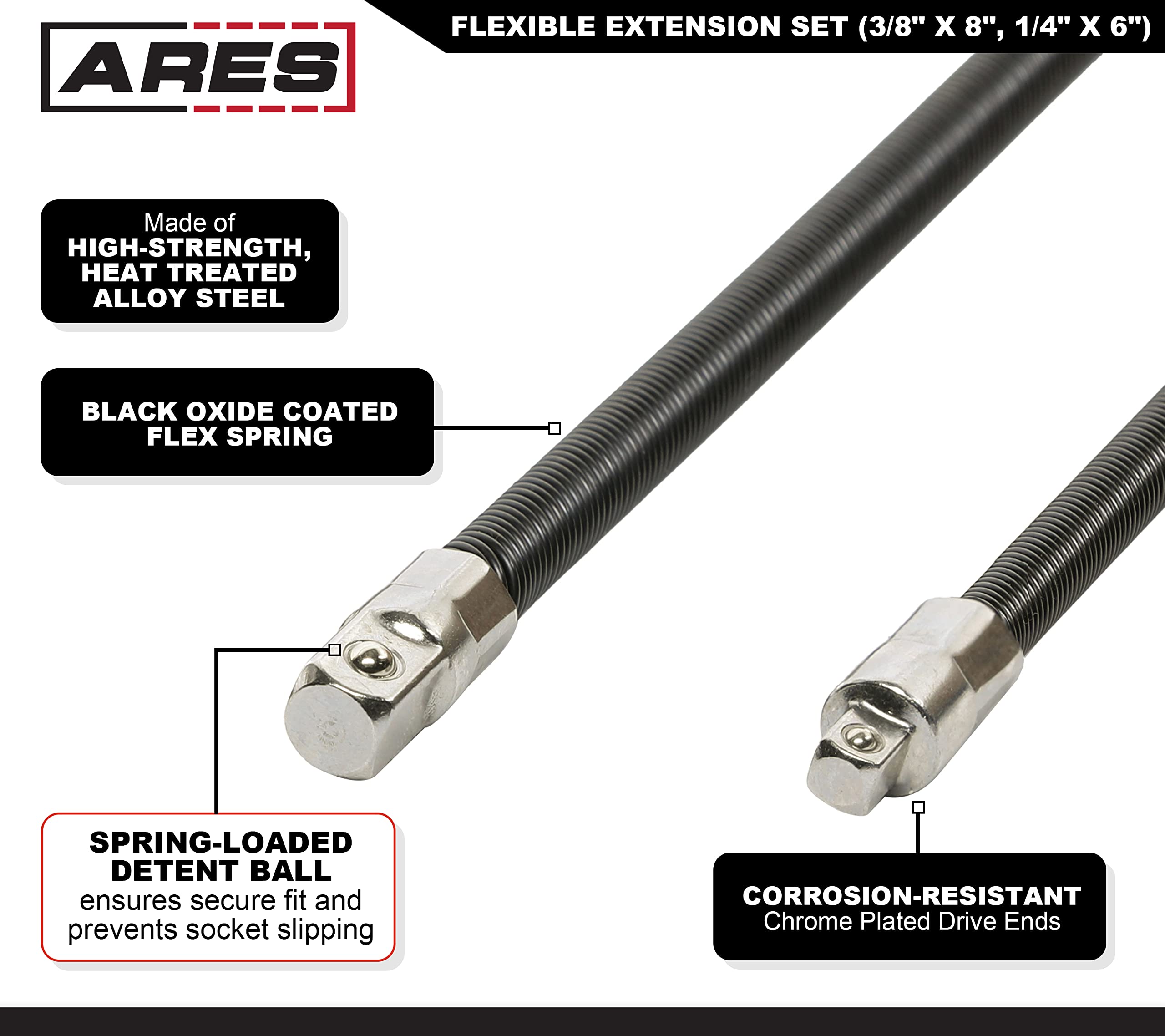 ARES 42071 β 2-Piece Flexible Socket Extension Set β 1/4-Inch and 3/8-Inch Drive Extensions β 6-Inch and 8-Inch Extensions with Flexible Shafts β Spring-Loaded Detent Balls to Prevent Slipping
