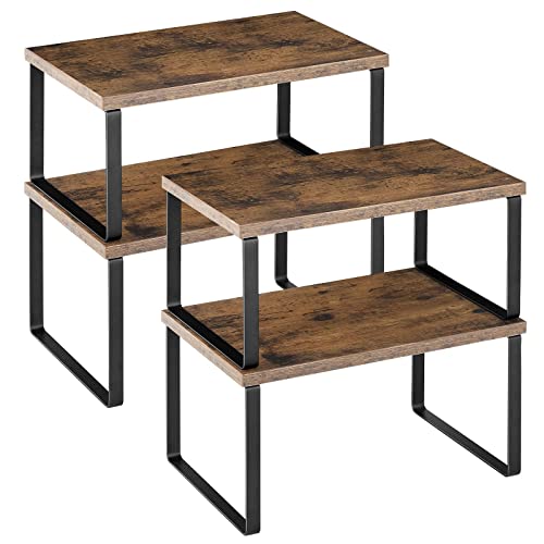 ETELI Kitchen Counter Cabinet Shelf Organizer Expandable Set of 4 Shelf Risers Small Counter Top Racks for Kitchen Cupboard Pantry,Brown
