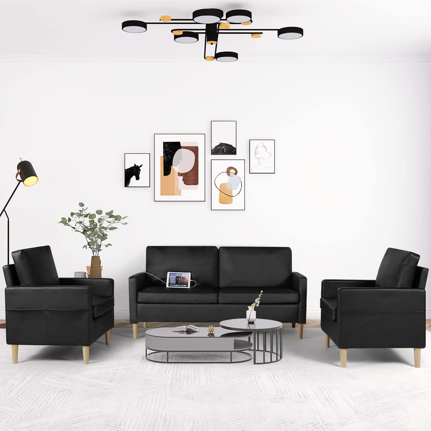AILEEKISS Mid-Century Sectional Sofa Set for Living Room Faux Leather Office 2 Pcs Couch Set with Armrest Modern Upholstered Loveseat Couches (1-Seater+2-Seater, Black)