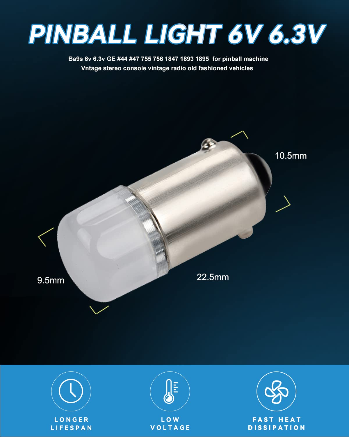 Keiurot 755 Bulb Ge44 47 Bulb 756 1893 1895 1847 BA9S Led Bulb DC AC 6.3V 6V for Pinball Led Bulbs Pinball Machine Light Bulb Lamp White Pack of 10