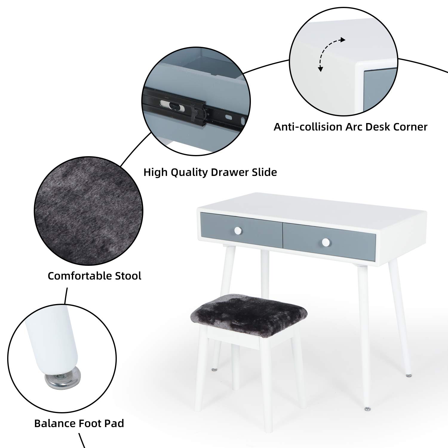AILEEKISS Writing Computer Desk with 2 Storage Drawers Desk and Chair Set Student Study Reading Workstation Makeup Vanity Desks with Stool for Bedroom Home Office (White&Grey)