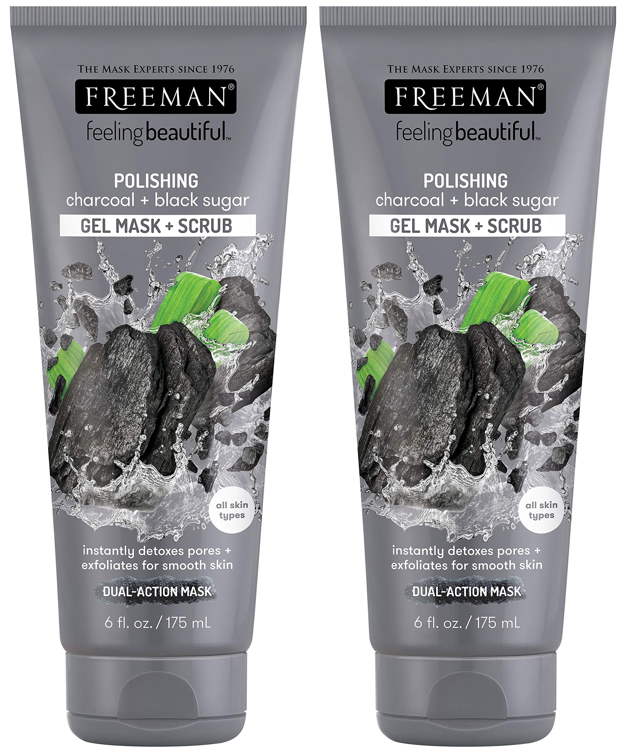 Freeman Feeling Beautiful Charcoal & Black Sugar Gel Mask and Scrub, 6-Ounce, 2 Count