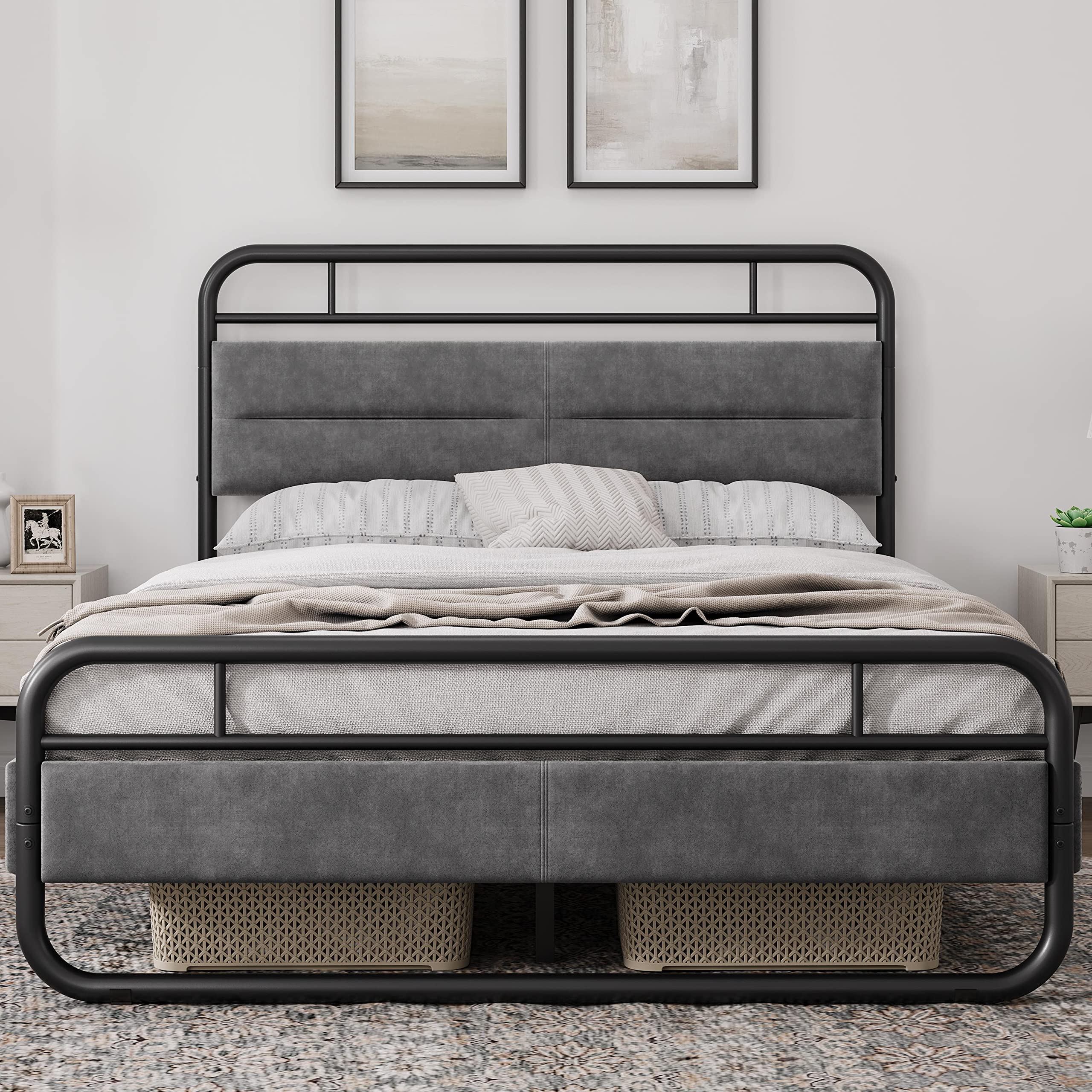 Yaheetech Full Bed Frame Heavy Duty Metal Bed with Curved Upholstered Headboard, 8.7 Inch Under-Bed Storage/Steel Slats Support/Noise Free/No Box Spring Needed/Easy Assembly/Dark Grey Full Bed