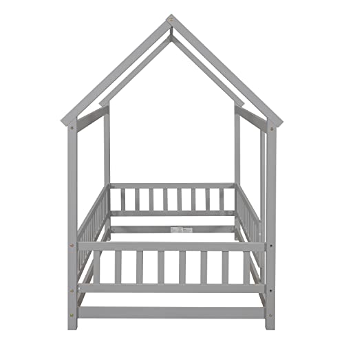 DEYOBED Twin Size Wooden Bed with House Roof Frame and Fence Guardrails, Twin Size Floor Bed Frame for Children - Gray Floor Bed