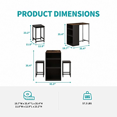 BALUS 3-Piece Dining Table Set for 2 with 3 Storage Shelves, Counter Height Dining Table Set with 2 Barstools for Kitchen, 35.4 Inch Bar Table and Chairs Set, Sturdy Metal Frame, Thicken Wood Top