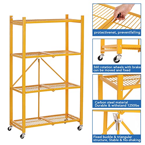 ShanSon Storage Shelves with Wheels 4 Tier Heavy Duty Foldable Metal Rack Storage Shelving Units for Garage Kitchen,Yellow