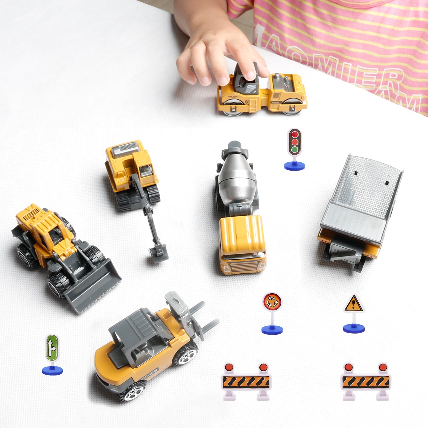 Childom Alloy Construction Engineering Vehicle Toys Set 12 Pack Stacker,Big Forklift,Heavy Duty Roller,Excavator,Heavy Transport Vehicle,Engineering Mixer Set for Kids Boys