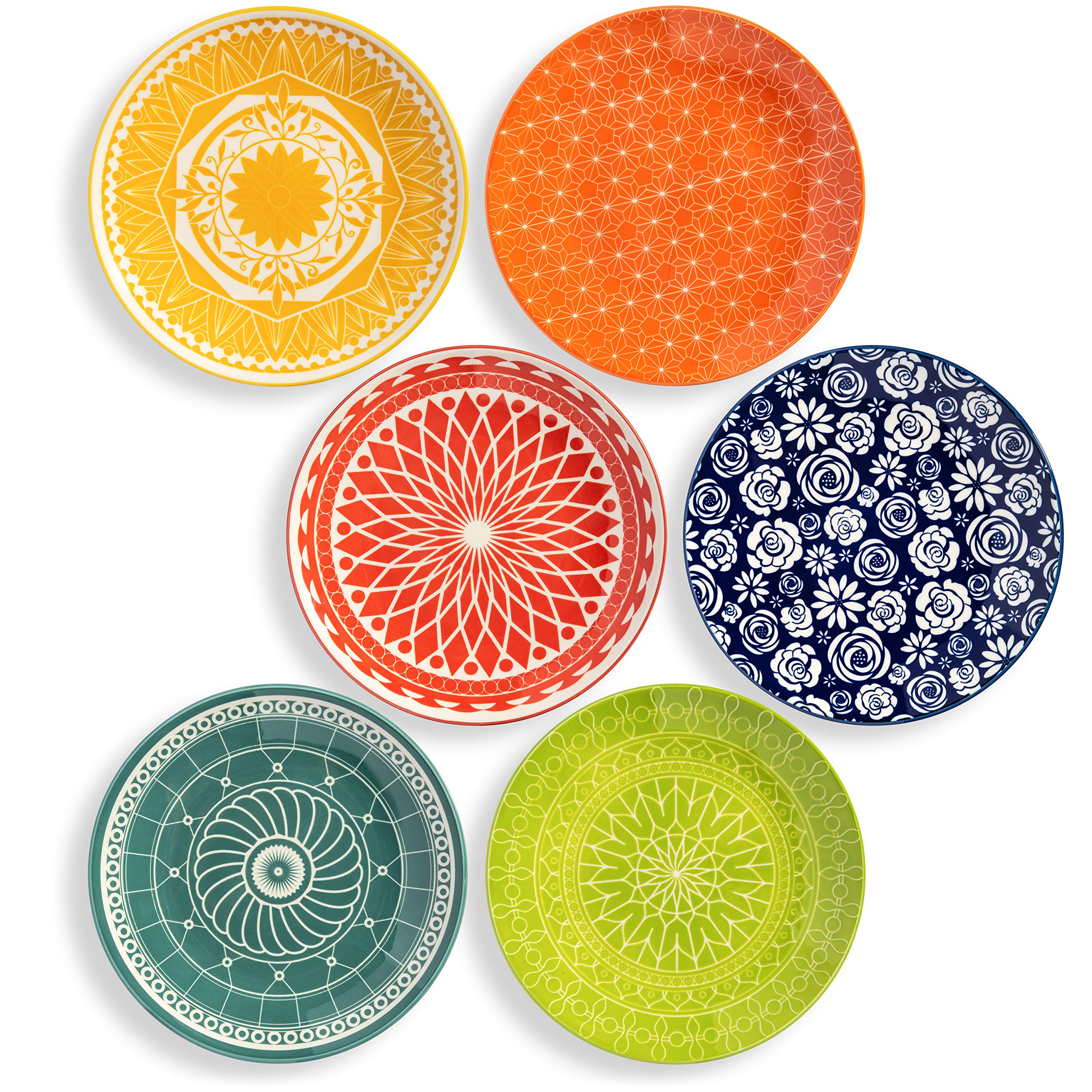 Annovero Appetizer Plates, Small Colorful Cute Decorative Porcelain Dinnerware for Salad, Luncheon, Dessert, Serving Dishes for Entertaining, Microwavable, 8.5 Inch Diameter, Set of 6