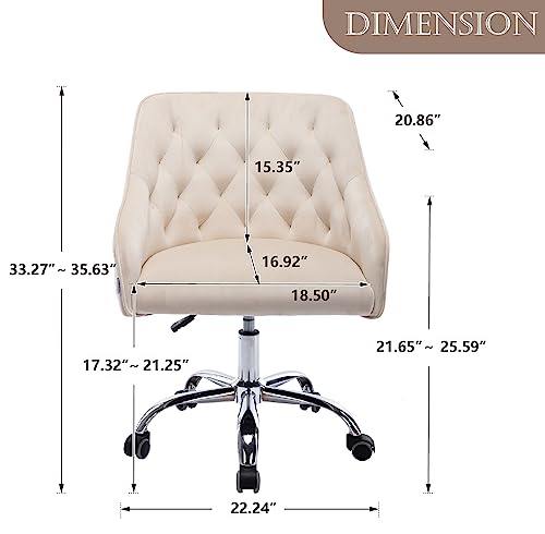 Baysitone Velvet Home Office Desk Chair, Modern Swivel Task Armchair with Adjustable Height, Upholstered Tufted Accent Computer Chair for Home and Office Working or Studying, Beige
