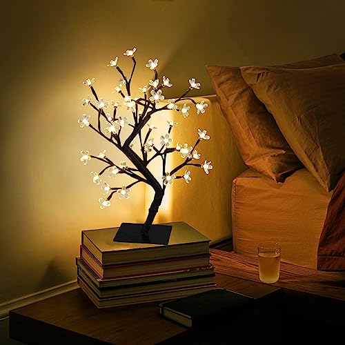 PEIDUO 17.5” Lighted Cherry Blossom Tree 48 Warm White Lights Plug in Adapter Light up Bonsai Tree for Christmas Indoor Home Bedroom Office Living Room Tabletop Tree Night Light Artificial Plants