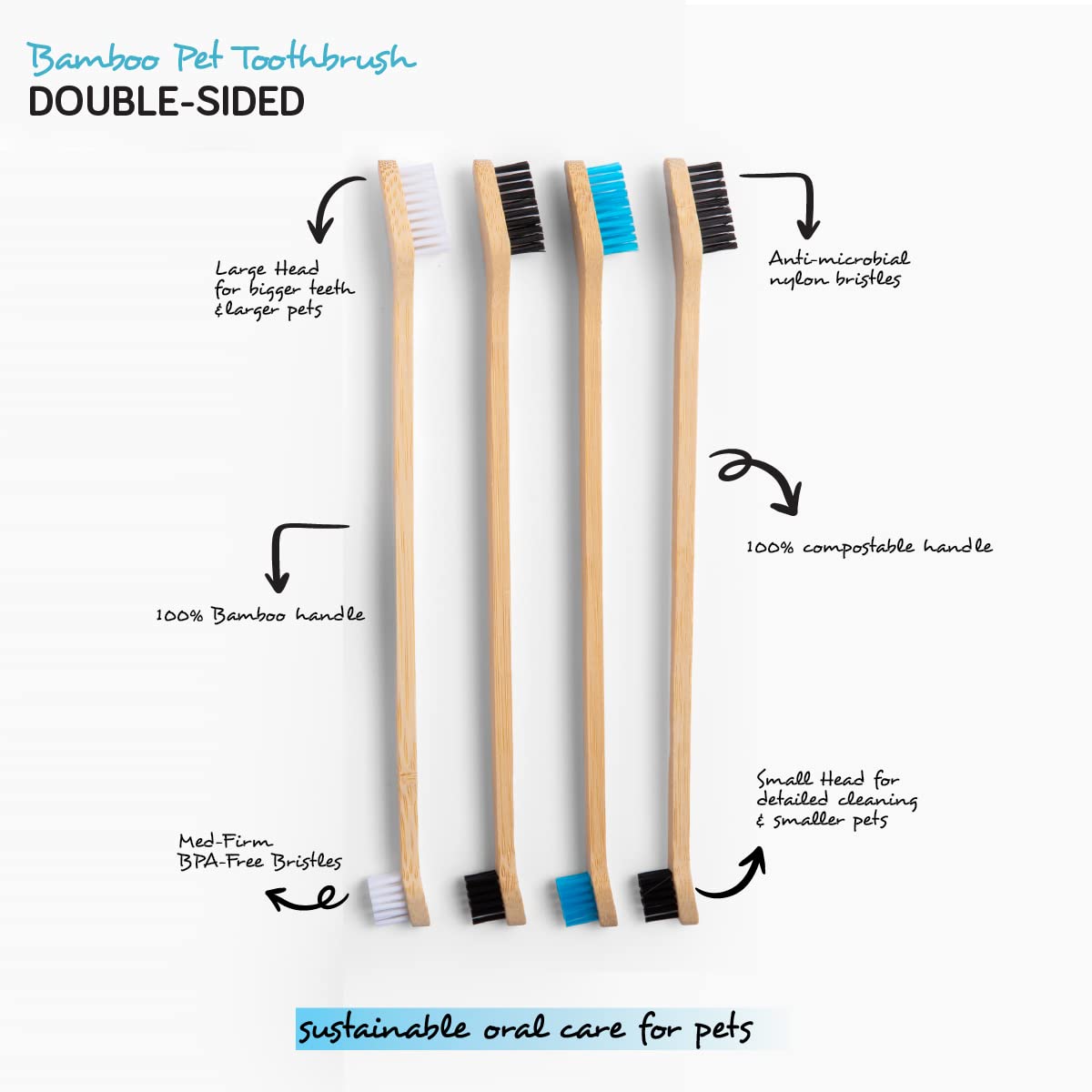 Mighty Mutt Bamboo Pet Toothbrush – Double-Sided Dog Toothbrush | Easy to Use for Dog Teeth Cleaning | Pet Friendly | Soft, Gentle Dog Tooth Brush for Any Size Breed – 4 Pack