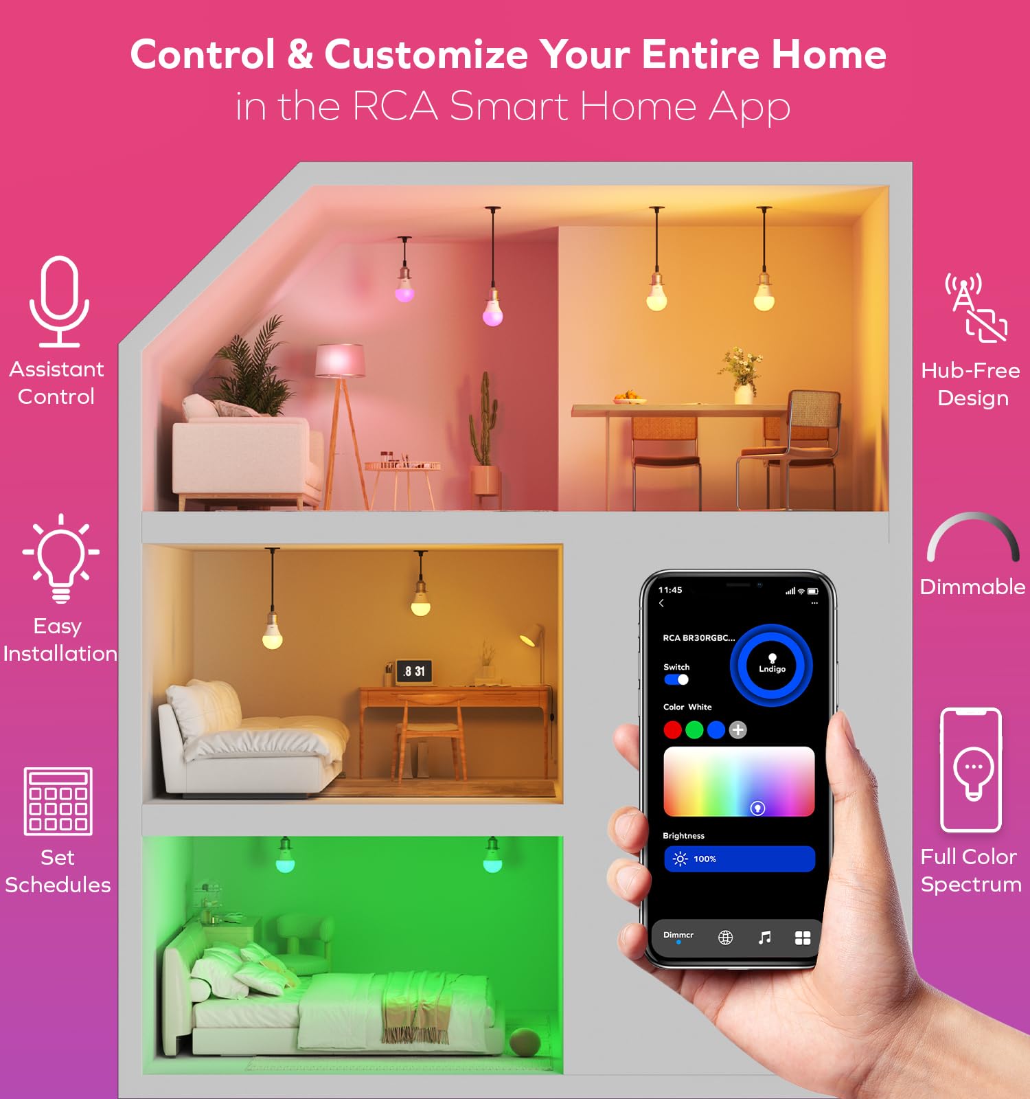 RCA Smart Light Bulbs, Multicolor LED, WiFi, Dimmable Color Changing Light Bulb, 800 Lumens 10W, Alexa & Google Home Compatible, 60W EQ A19 RGB Light, 2.4GHz only, No Hub Req, 2-PK