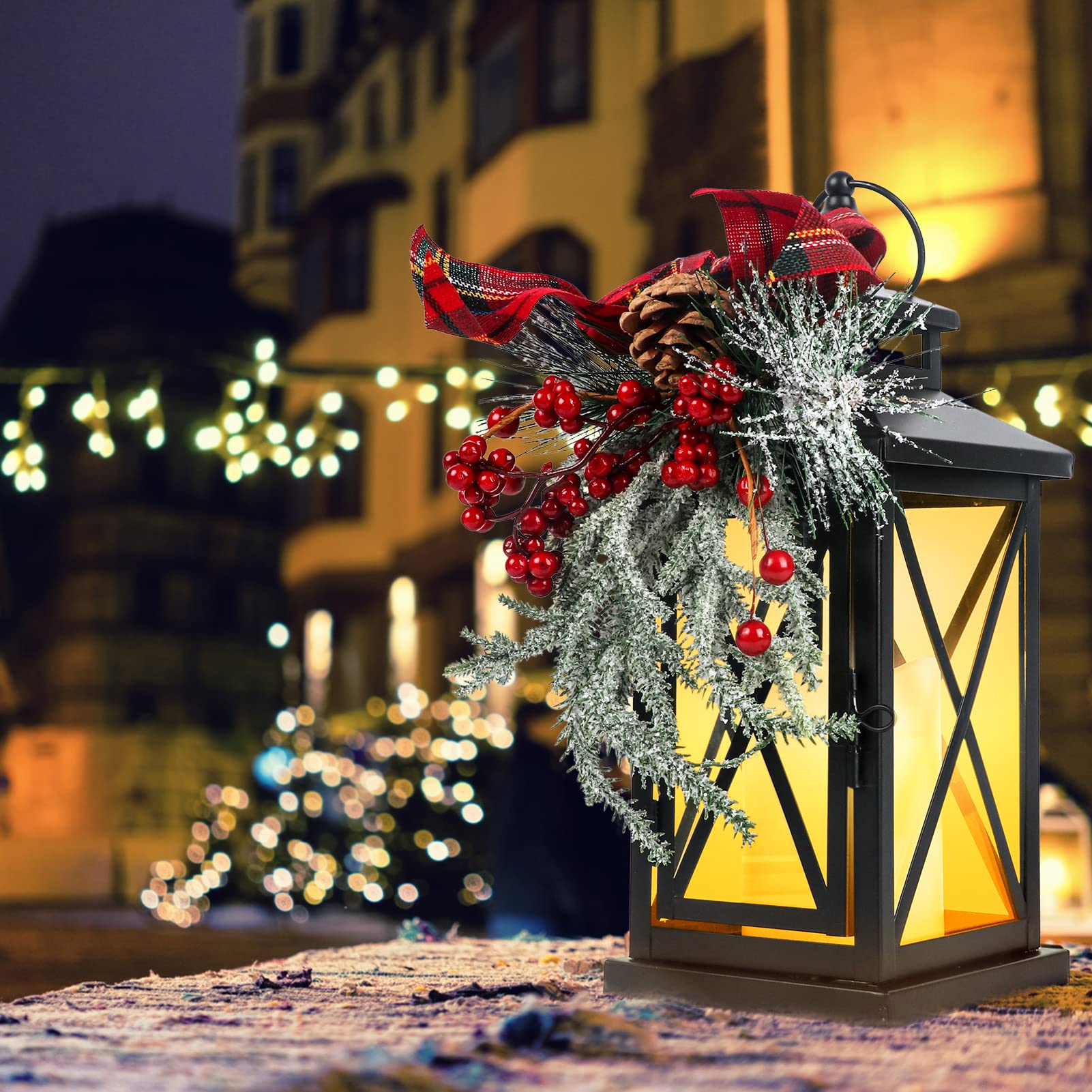 Christmas Candle Lantern 14Inch, Christmas Lanterns Garden Flashing Candle Light, Decorative Hanging Lantern for Indoor Home Tables and Fireplaces Outdoor Patios