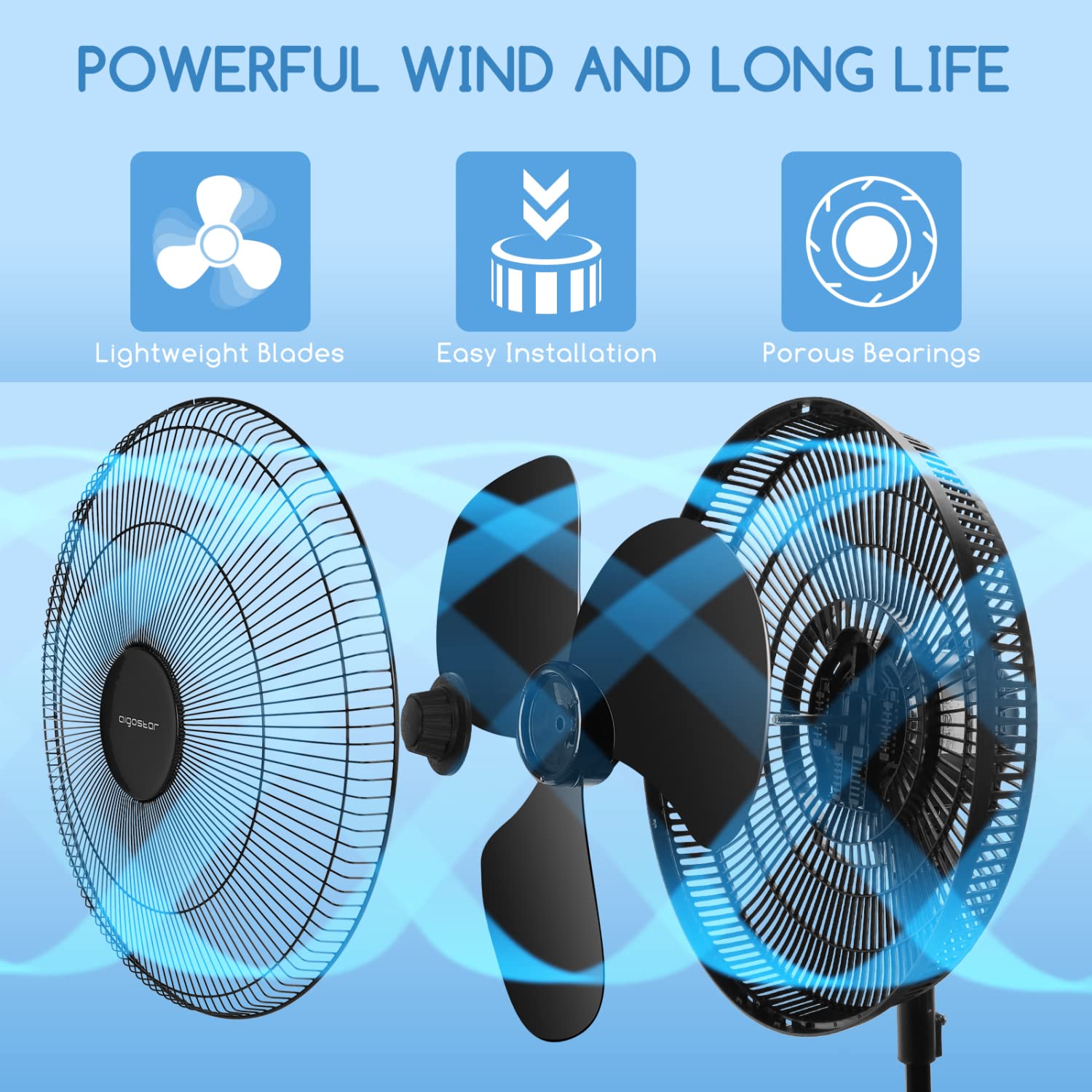 Aigostar 16'' Standing Fan with 3 Adjustable Speed, High Energy Efficiency Quiet Pedestal Fan Oscillating Fan, Adjustable Height Room Fan for Bedroom, Indoor, Home & Office, Compact Design, Black