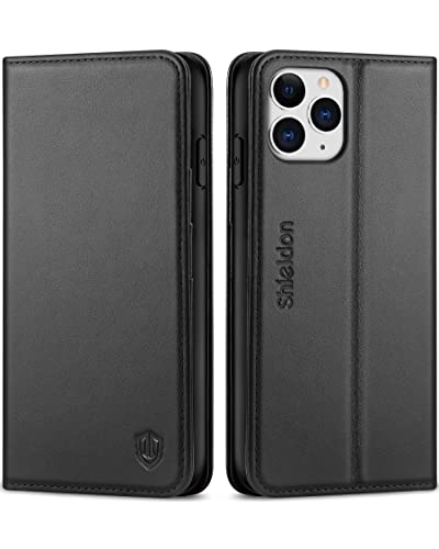 SHIELDON iPhone 11 Pro Max Case, Genuine Leather Auto Sleep Wake Wallet Case Flip Magnetic Cover RFID Blocking Card Slots Kickstand Shockproof Case Compatible with iPhone 11 Pro Max (6.5-inch) - Black