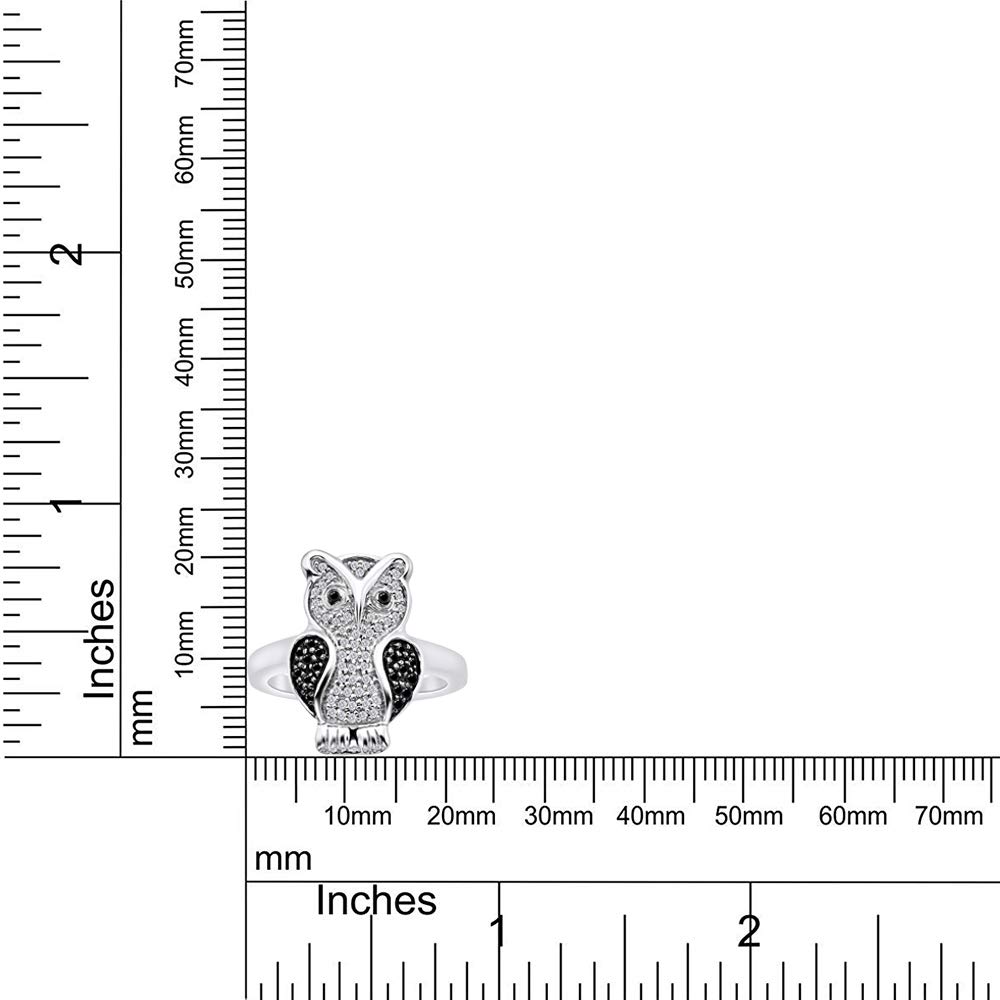 AFFY 1/4 Carat Round Cut Black And White Natural Diamond Owl Ring In 14K White Gold Over Sterling Silver (0.25 Cttw, I2-I3 Clarity) Ring Size-11