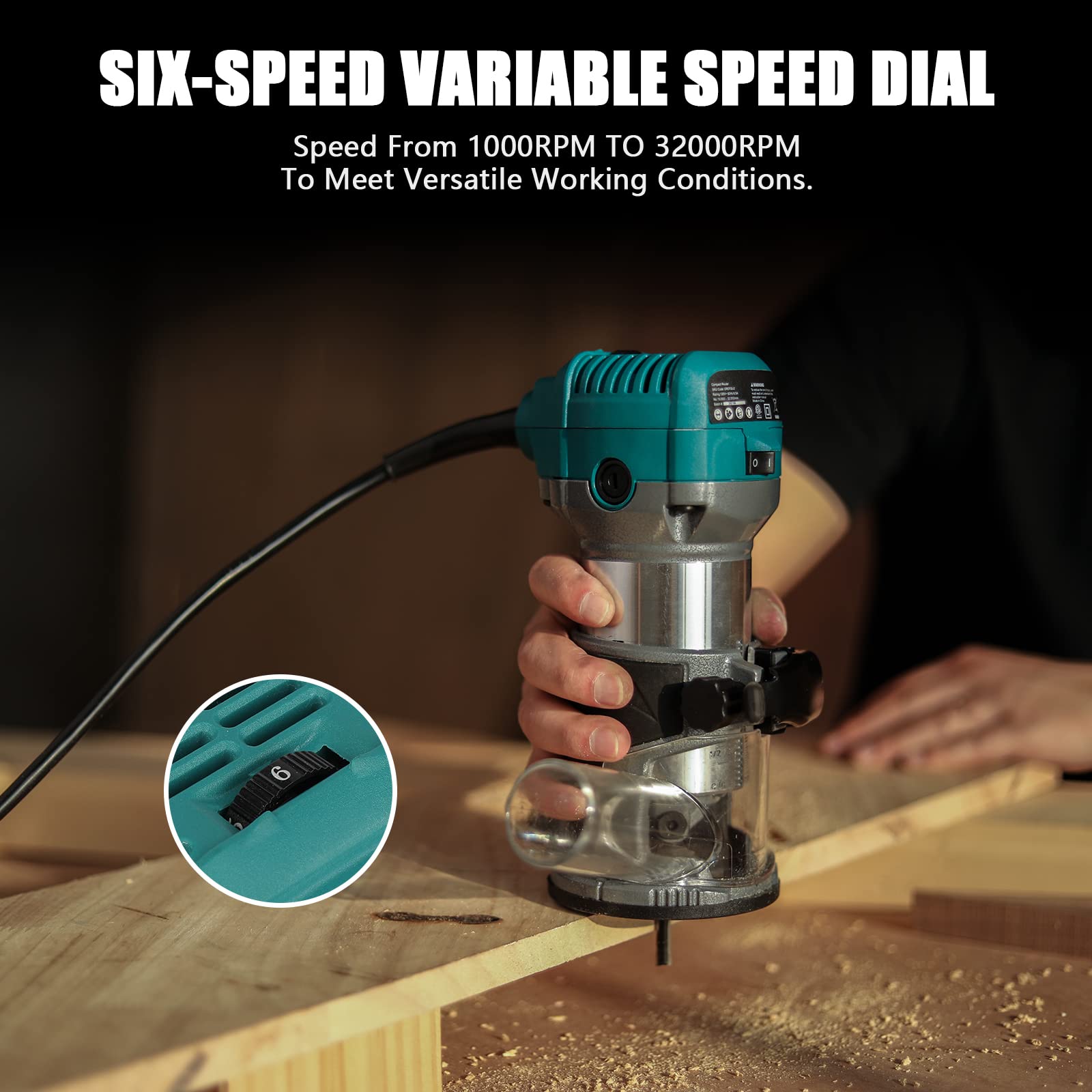 6.5-Amp Wood Router Tool, 1.25 HP Compact Trim Router with 6 Variable Speed, Fixed Base, 1/4" & 3/8" Collets, Edge Guide, Roller Guide, and Dust Hood