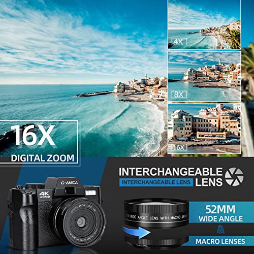 G-Anica 4K Digital Cameras for Photography,48MP/60FPS Video Camera for Vlogging, WiFi & App Control Vlogging Camera for YouTube, Small Camera with 32GB TF Card.Wide-Angle & Macro Lens