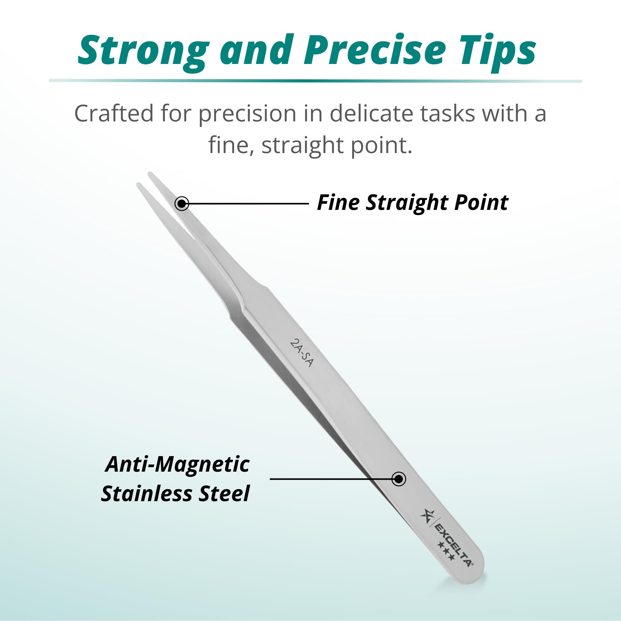 Excelta Ultra-Precision Tweezers, Straight Tapered Flat Point, Anti-Magnetic Stainless Steel, 4.75" Length, 0.059” Wide, Professional
