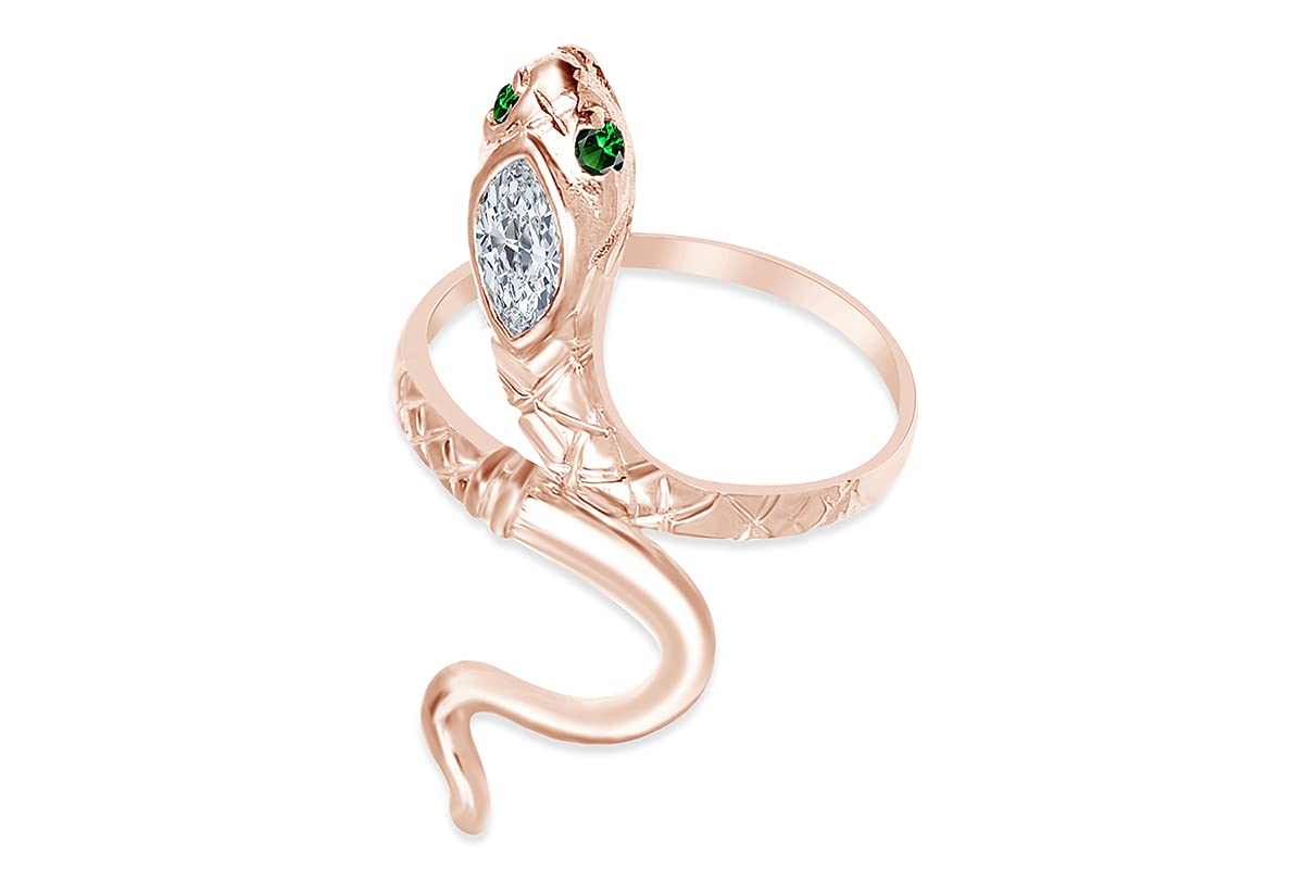 AFFY 14k Rose Gold Over Sterling Silver Simulated Emerald With Cubic Zircinia Snake Band Ring Jewelry For Ladies, Ring Size 4