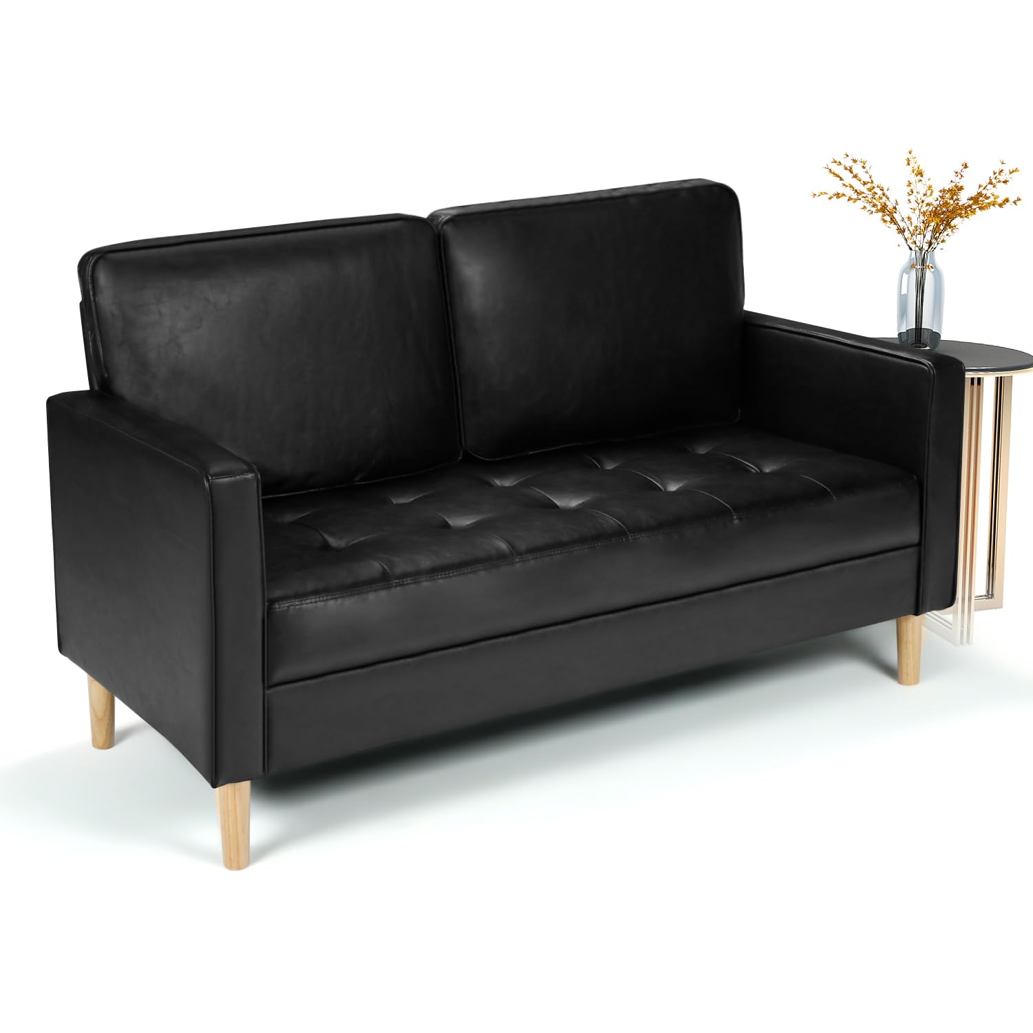 AILEEKISS 57'' Mid-Century Loveseat Faux Leather Sofa Couch with Armrest for Two People Modern 2 Seat Sofa for Living Room (2-Seater, Black)