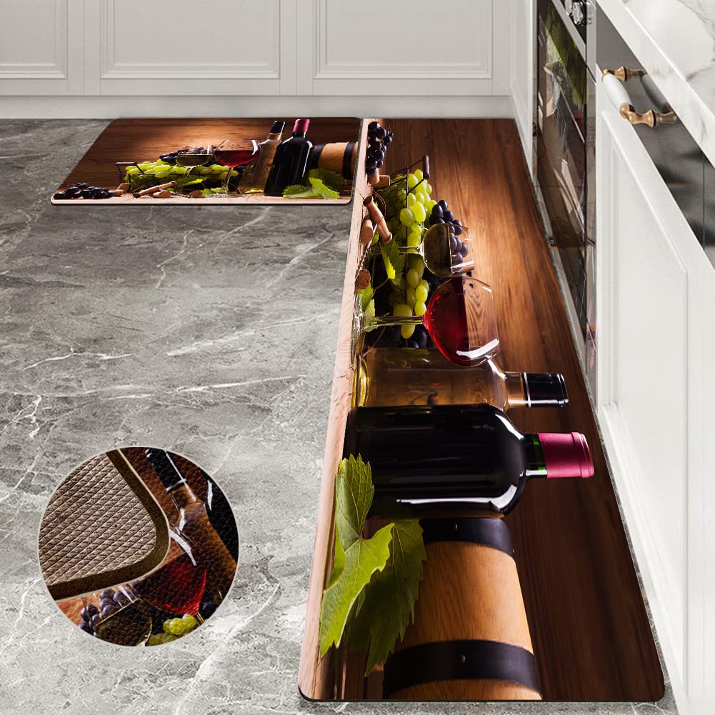 AILUER Red Kitchen Rugs and Mats Set 2 Piece Red Rose Wine Kitchen Decor for Kitchen Non-Slip Kitchen Mats Rugs for Kitchen & Laundry (Red and White Wine, 17.5"x29.5"+17.5"x47")