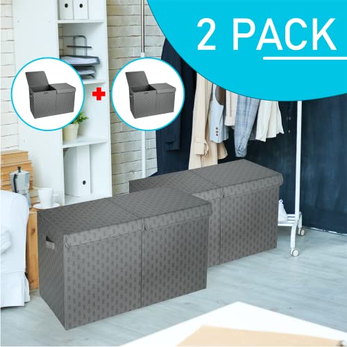 Hula Home Storage Chest (2pc) | Large | Collapsible Polyester Linen Fabric Storage Bins w/Lids | Large Foldable Box Organizer Closet with Cover for Home Bedroom Office Kitchen (Gray)