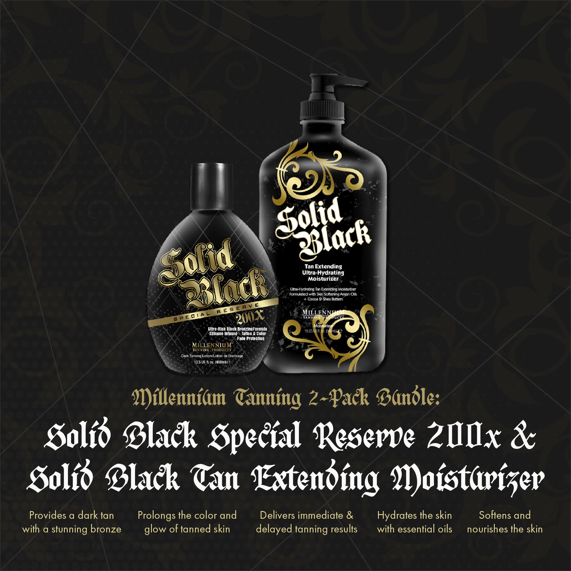 Millennium Tanning Solid Black 200X Tanning Lotion & Tan Extender Lotion, 13.50 & 18.25 Fluid Ounces