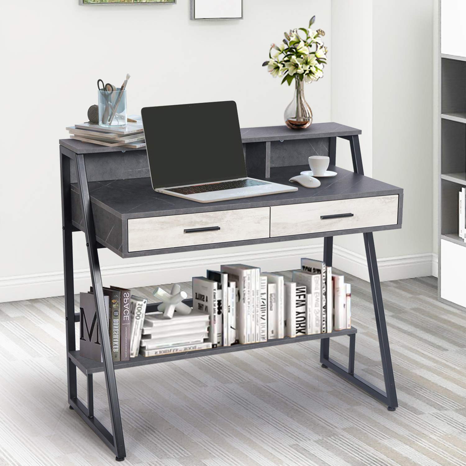 AILEEKISS Modern Computer Laptop Desk with Hutch and Bookshelf Study Writing Desk with Two Drawers Simple Workstation Home Office Desk Vanity Makeup Table (Cement Gray)