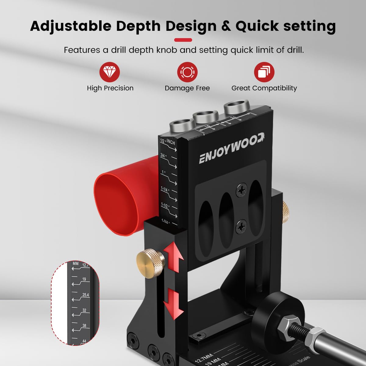 ENJOYWOOD Pocket Hole Jig System with Side Support Adjustable Drill Guide with 2 Drill Bits for Woodworking Aluminum Dowel Jig XK4S PRO