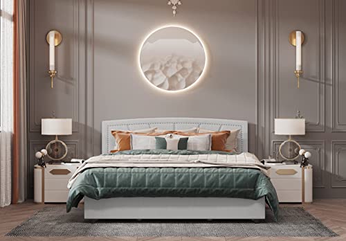 BONSOIR Queen Size Storage Bed Frame Upholstered Low Profile Traditional Platform with Tufted and Nail Headboard/No Box Spring Needed/4 Pull Out Drawers/Light Grey Linen Fabric (Queen Size)