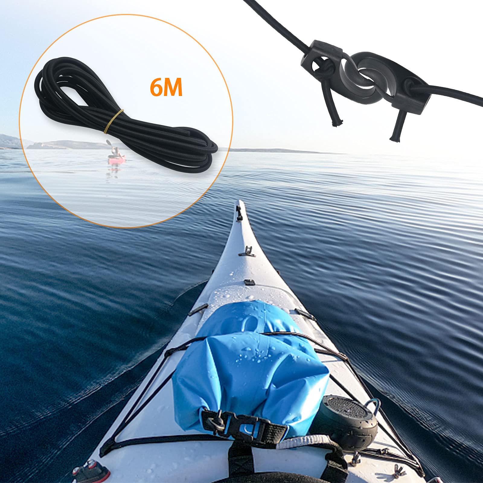 7Pck D-Ring Patch Kayak D Ring Pads and 20ft Strong Elastic Bungee Shock Cord with Hooks Bungee Deck Rigging Kit for Pvc Inflatable Boat Sup Kayak Canoe Deck Surfboard Raft Stand Up Paddle Board