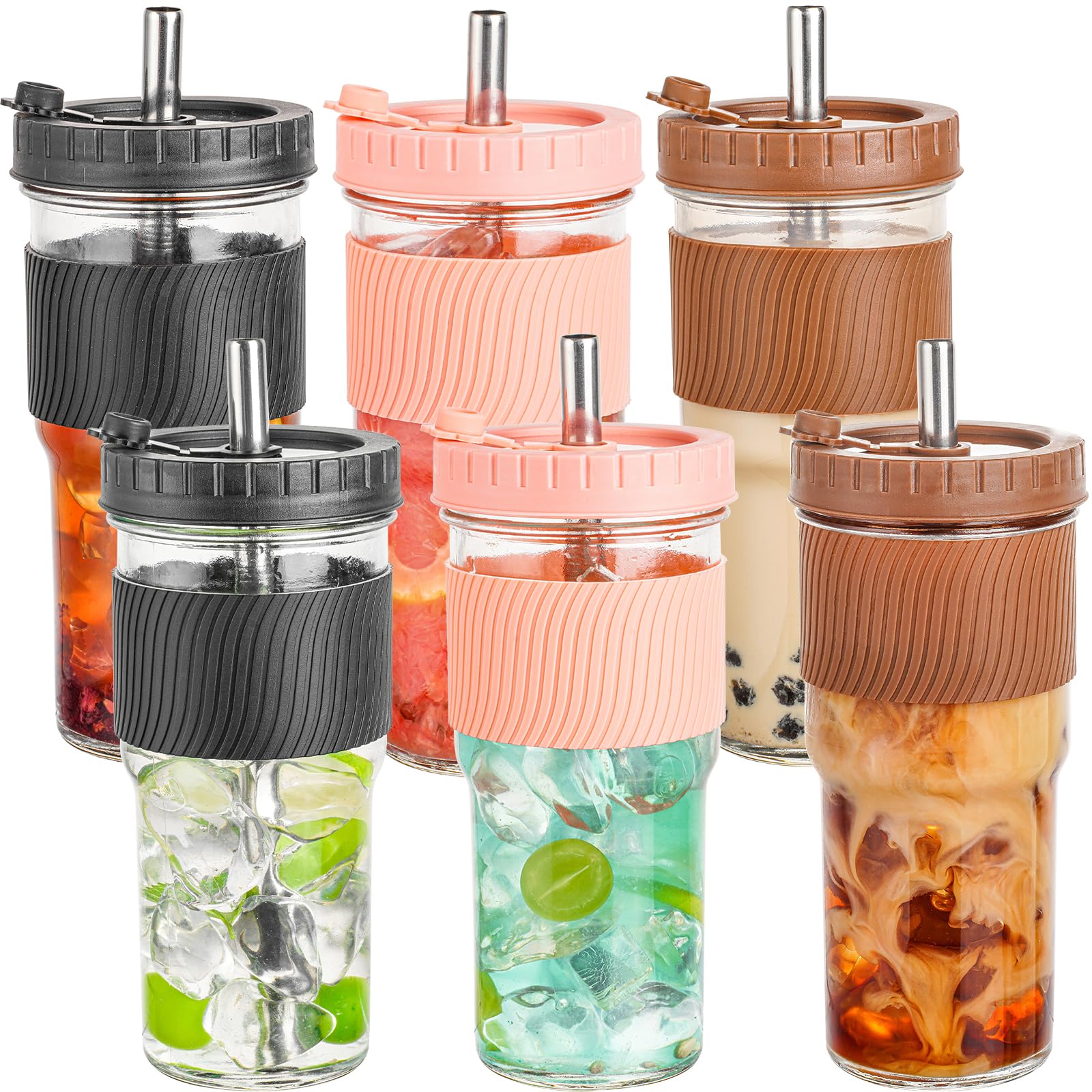 Claplante 6 Pack Glass Tumbler Set, 24oz Bubble Tea Cups with Lid, Silicone Sleeve & Wide Straws, Reusable Leakproof Mason Jar Drinking Glasses for Smoothie, Iced Coffee