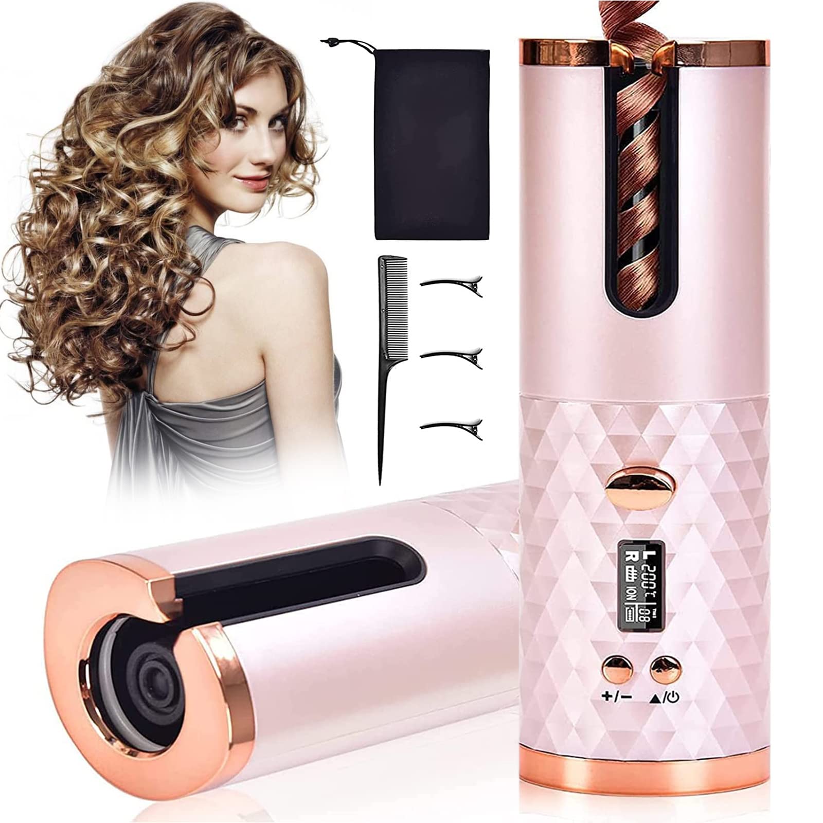 Automatic Curling Iron Cordless Automatic Hair Curler with Adjustable 4Temperature & 3Timer,Portable Rechargeable Hair Curler with Ceramic Ionic Barrel,Auto Shut-Off, Fast Heating Iron for Styling