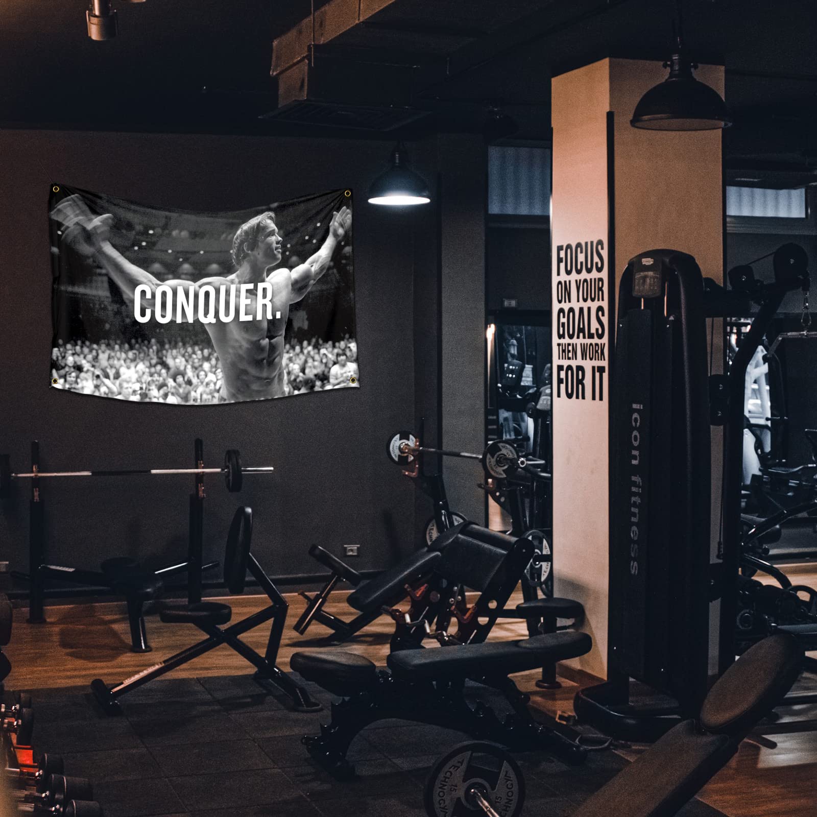 Arnold Schwarzenegger Conquer Motivational Inspirational Office Gym Wall Decor Flag Banner,3x5 Feet Flag Funny Poster Durable Man Cave Wall Flag with Brass Grommets This beautiful entertaining banner