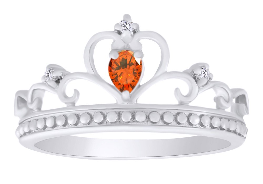AFFY Pear Shape Simulated Citrine Princess Crown Ring in 14K White Gold Over Sterling Silver, Ring Size: 8