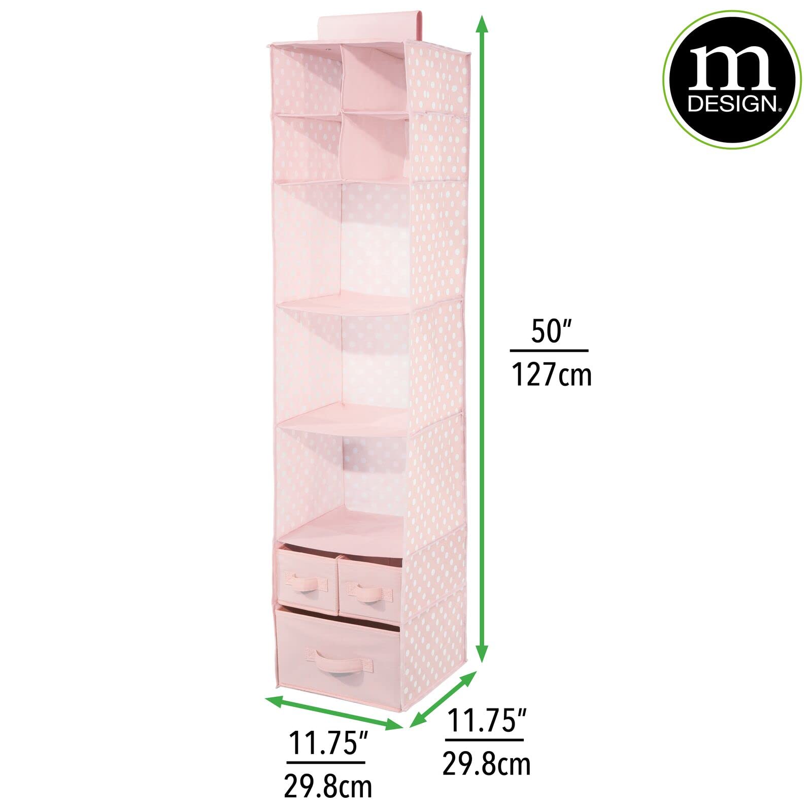 mDesign Fabric Hanging Organizer - Over Closet Rod Storage, 7 Shelves/3 Removable Drawers for Baby Nursery Bedroom Organization - Hold Clothes, Linens, Toys, Accessories, 2 Pack, Pink/White Polka Dot