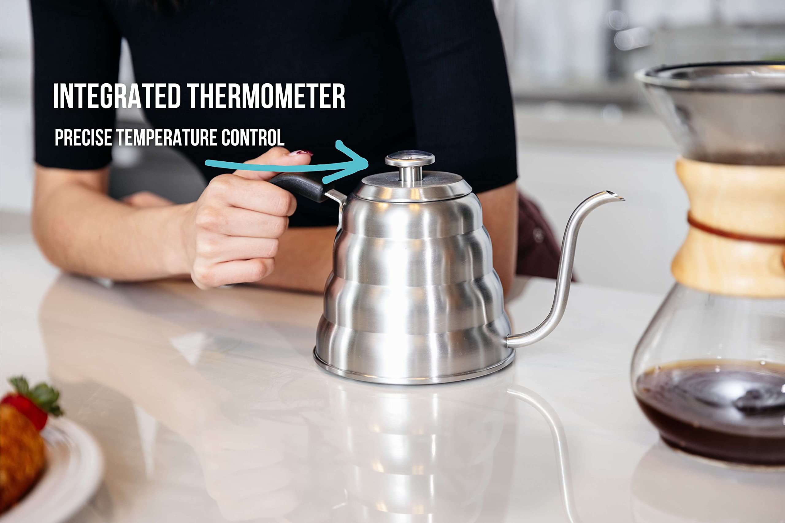 Barista Warrior Pour Over Coffee Kettle with Thermometer for Exact Temperature - Gooseneck Pour Over Kettle for Pour Over Coffee and Tea, Stainless Steel Kettle for all Stovetops (1.0 Liter, 34 fl oz)