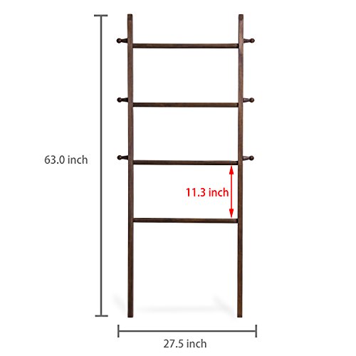 MyGift 5 Ft Tall Dark Brown Solid Wood Wall Leaning Blanket Ladder, Farmhouse Bathroom Towel Rack 4 Rungs and 6 Pegged Hooks