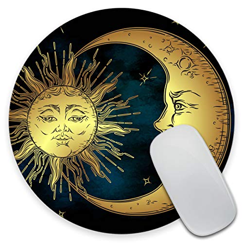Amcove Golden Sun Round Mouse Pad, Crescent Moon and Stars Over Blue Black Sky Customized Mouse Mat,Washable Mousepads with Lycra Cloth, Non-Slip Rubber Base Mousepad, 7.9×7.9×0.12 inches