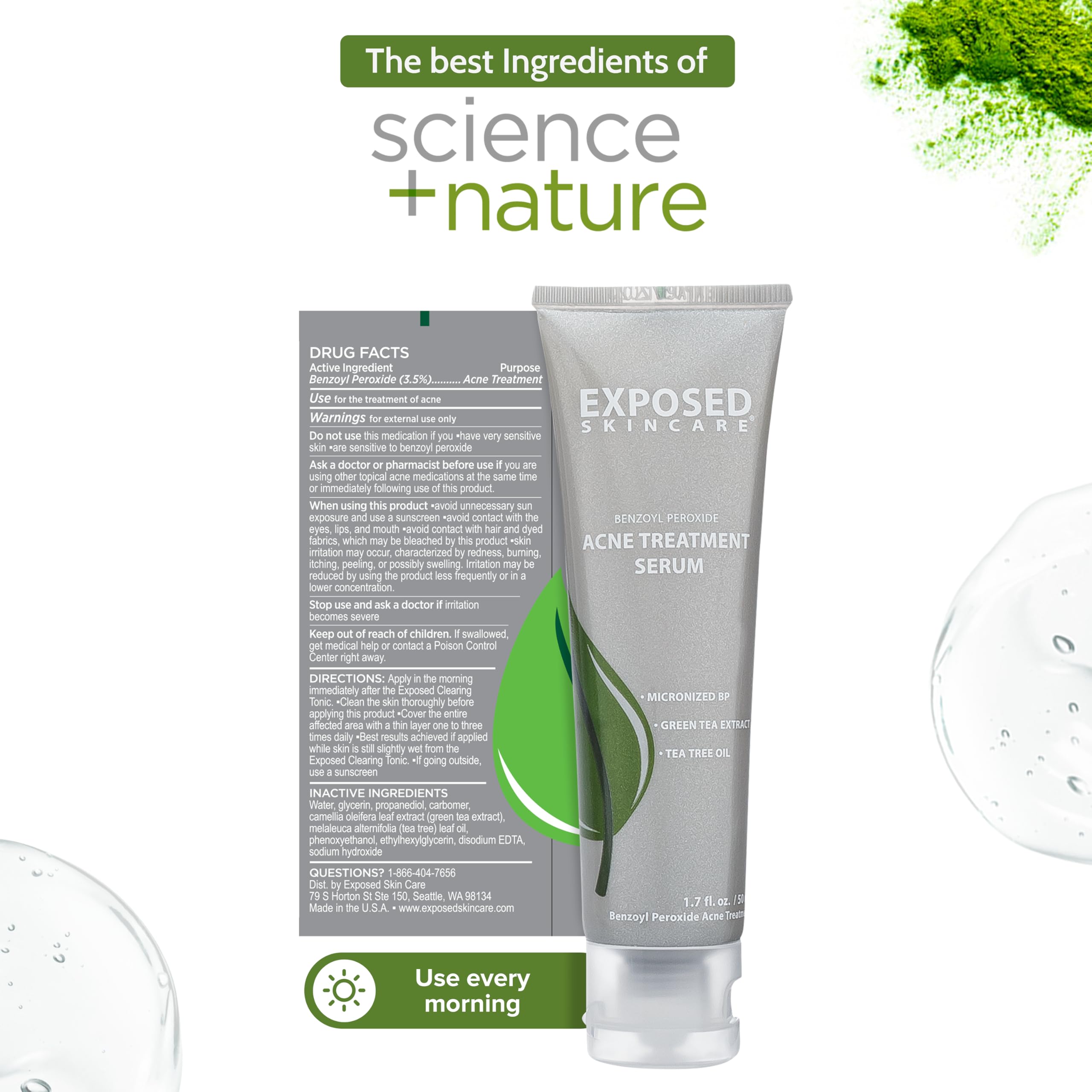Exposed Skin Care Acne Treatment Serum Step 3 β Quickly Reduces Pimple Size and Redness - 12 Hour Spot Treatment - 3.5% Benzoyl Peroxide, Natural Green Tea & Tea Tree Oil