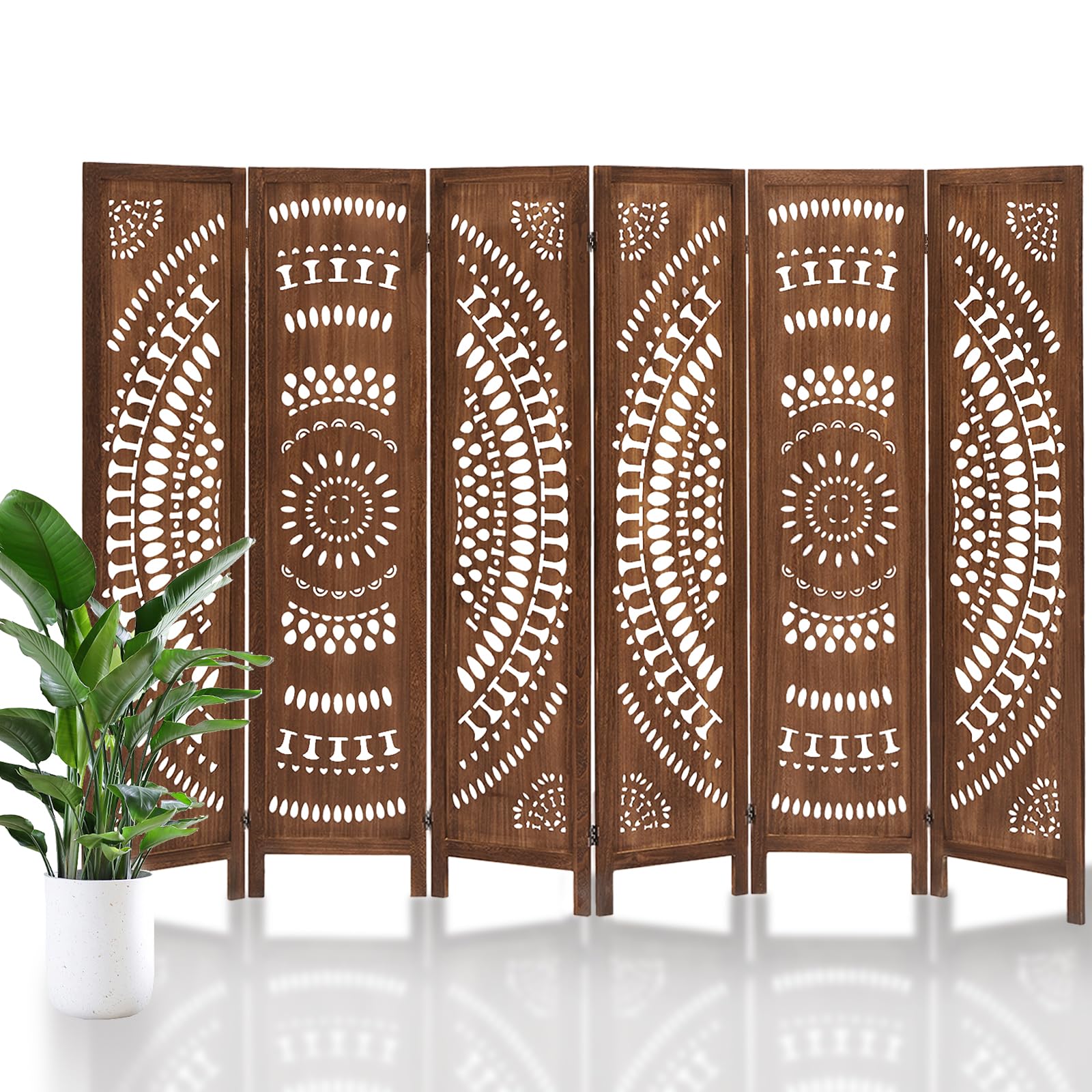 BMWEI Wooden Room Divider Wall, 5.6 FT Wall Divider Room, 6 Panel Room Divider Screen, Portable Room Divider, Carved Room Divider Panel, Folding Room Divider, for Home Bedroom Office (Natural)