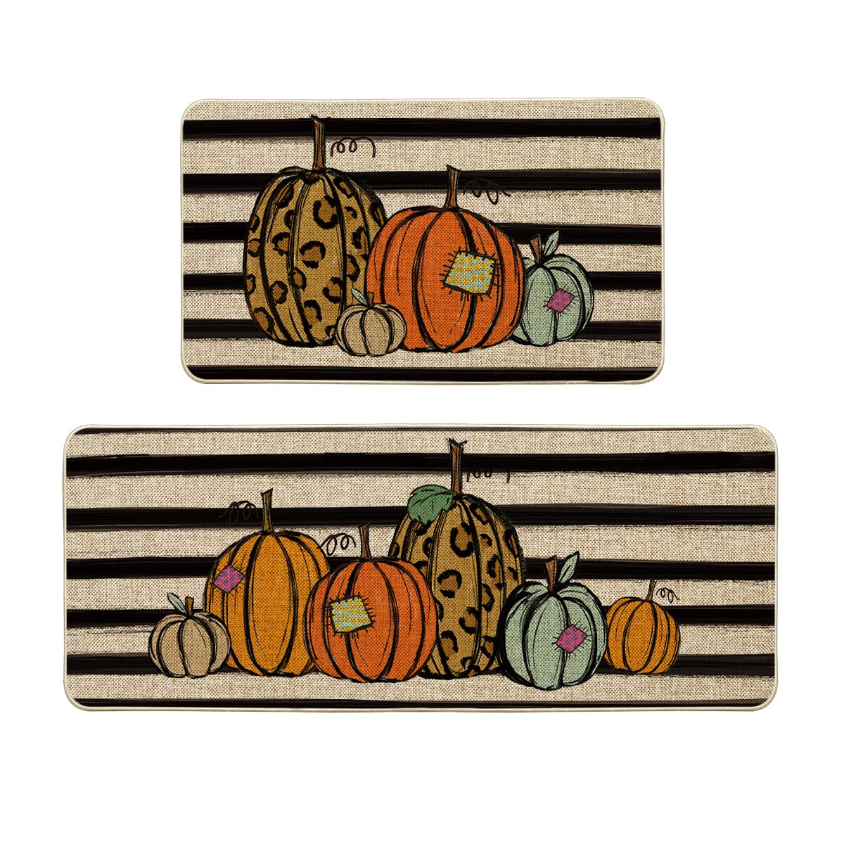 Artoid Mode Watercolor Stripes Pumpkin Decorative Kitchen Mats Set of 2, Home Seasonal Fall Holiday Party Autumn Harvest Thanksgiving Vintage Low-Profile Floor Mat - 17x29 and 17x47 Inch