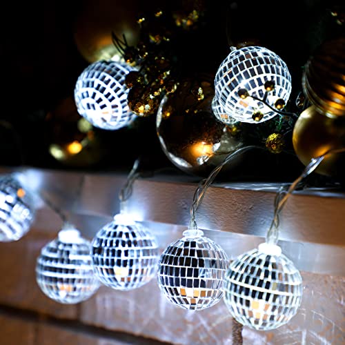 BBTO 10 LED Disco Ball String Lights Decorations Mirror Disco Ball Ornaments 70s Disco Party Supplies Mini Disco Balls Tree Ornament Light Battery Operated Disco Balls for Christmas (Silver White)