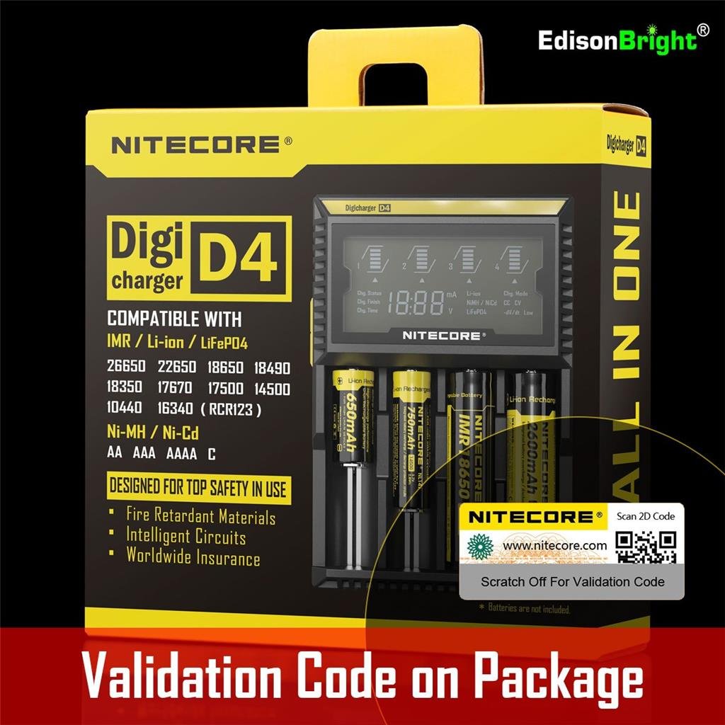 EdisonBright Nitecore D4 Digital Smart Battery Charger for Li-ion Ni-MH Ni-CD with 12V DC Car Adapter, NBM40 18650 Battery Magazine Battery Carry Case