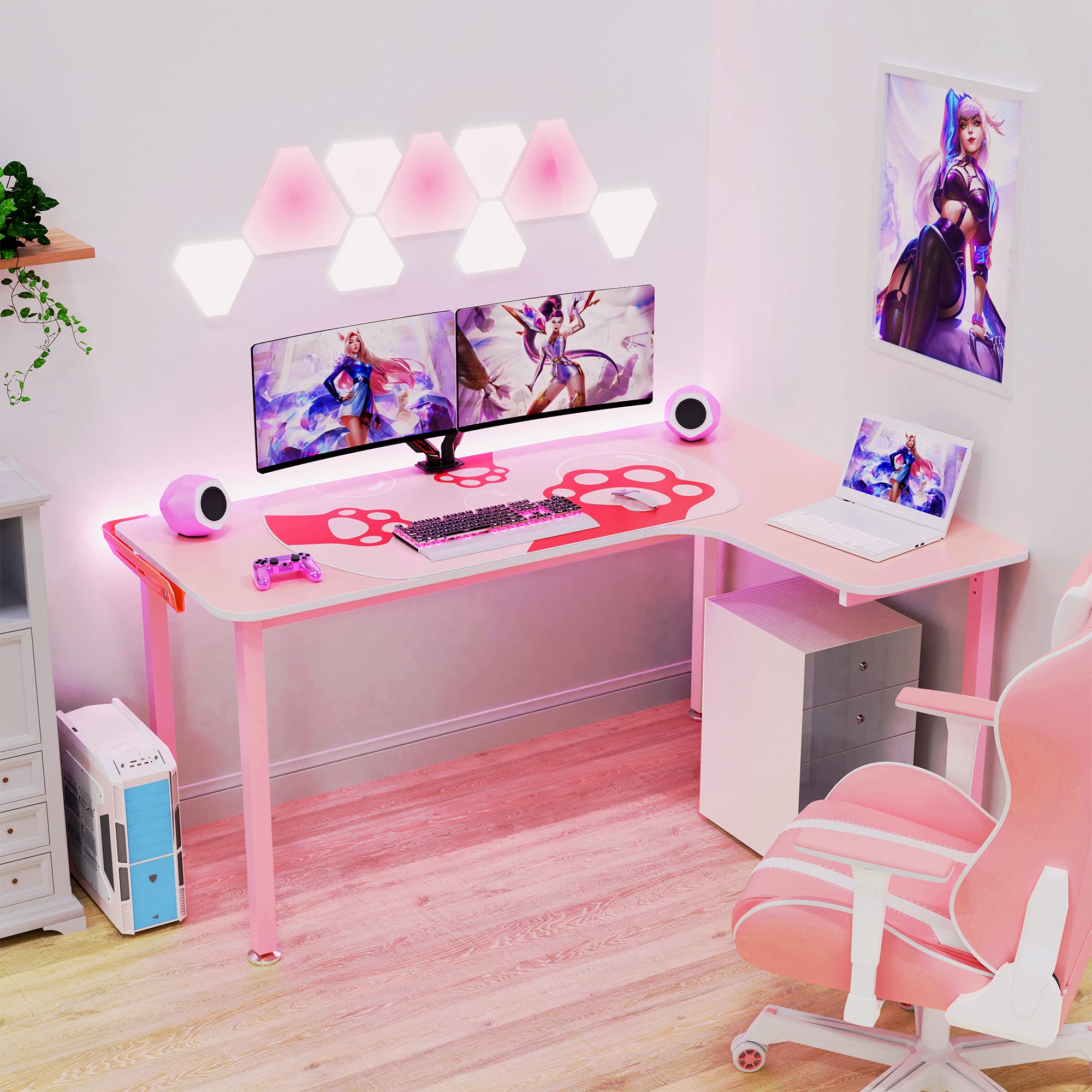 Eureka Ergonomic 61 inch L Shaped Desk, Pink Computer Gaming Desk Office Corner Desk for Home Office Study Writing Table with Mouse Pad, Easy Assembly (Right Side)