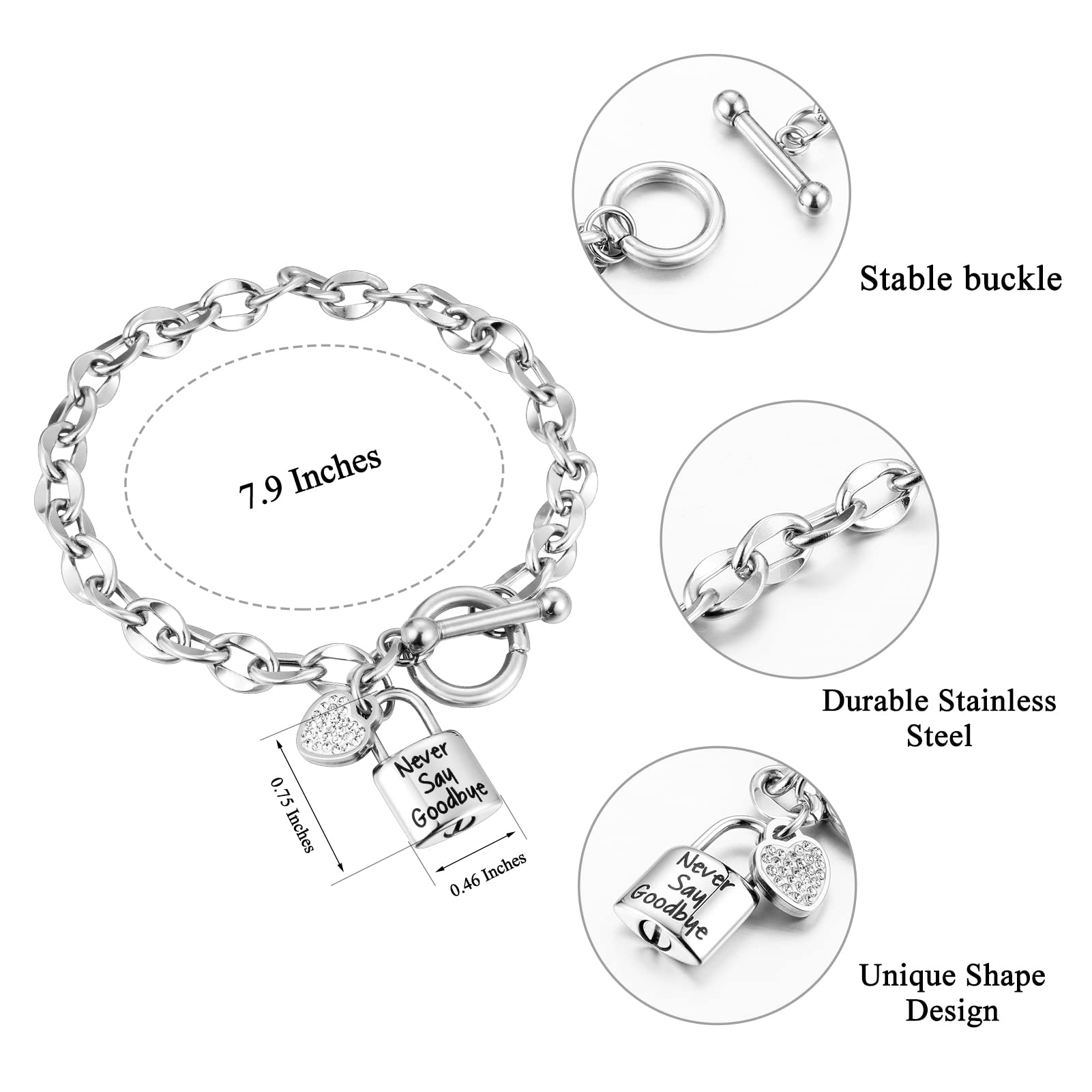 abooxiu Lock Urn Bracelet for Ashes Crystal Heart Cremation Bracelet for Ashes Stainless Steel Ash Bracelet for Men Women Memorial Ashes Holder Silver
