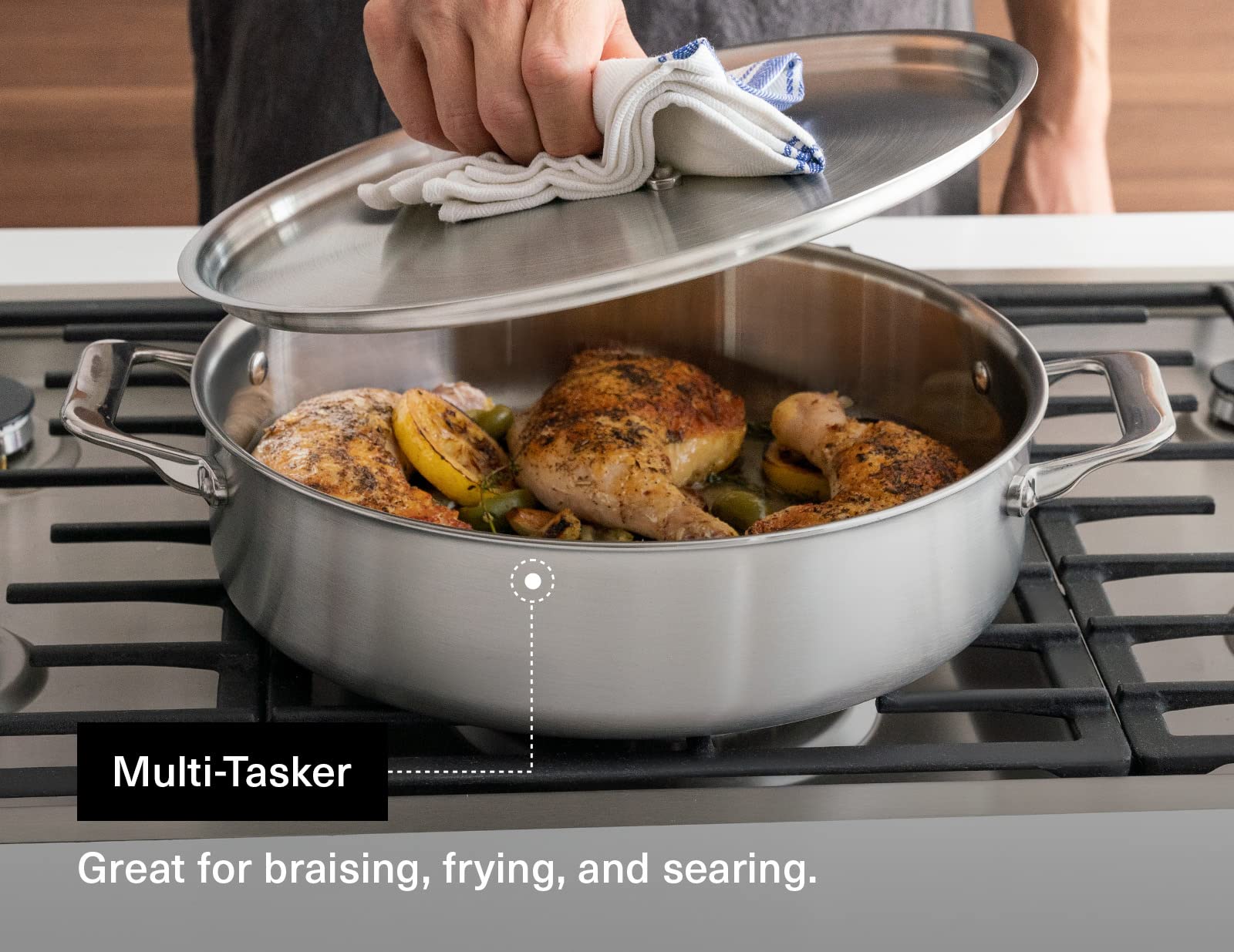 Misen 6 Quart Stainless Steel Rondeau Pot with Lid - 5-Ply Steel Braiser Pan with Handles
